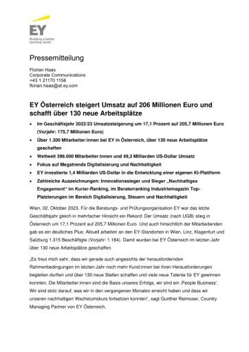 EY Österreich steigert Umsatz auf 206 Millionen Euro und schafft über ...