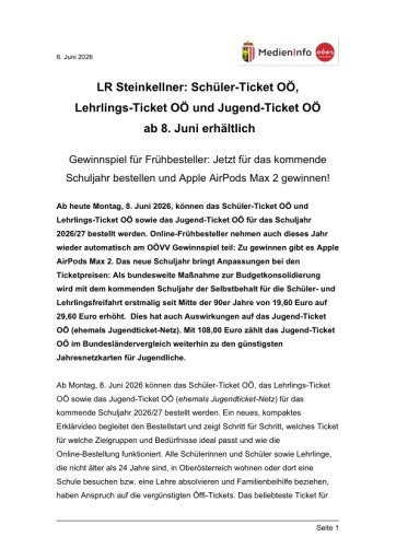 LR Steinkellner: Schüler Ticket OÖ, Lehrlings Ticket OÖ und Jugend ...
